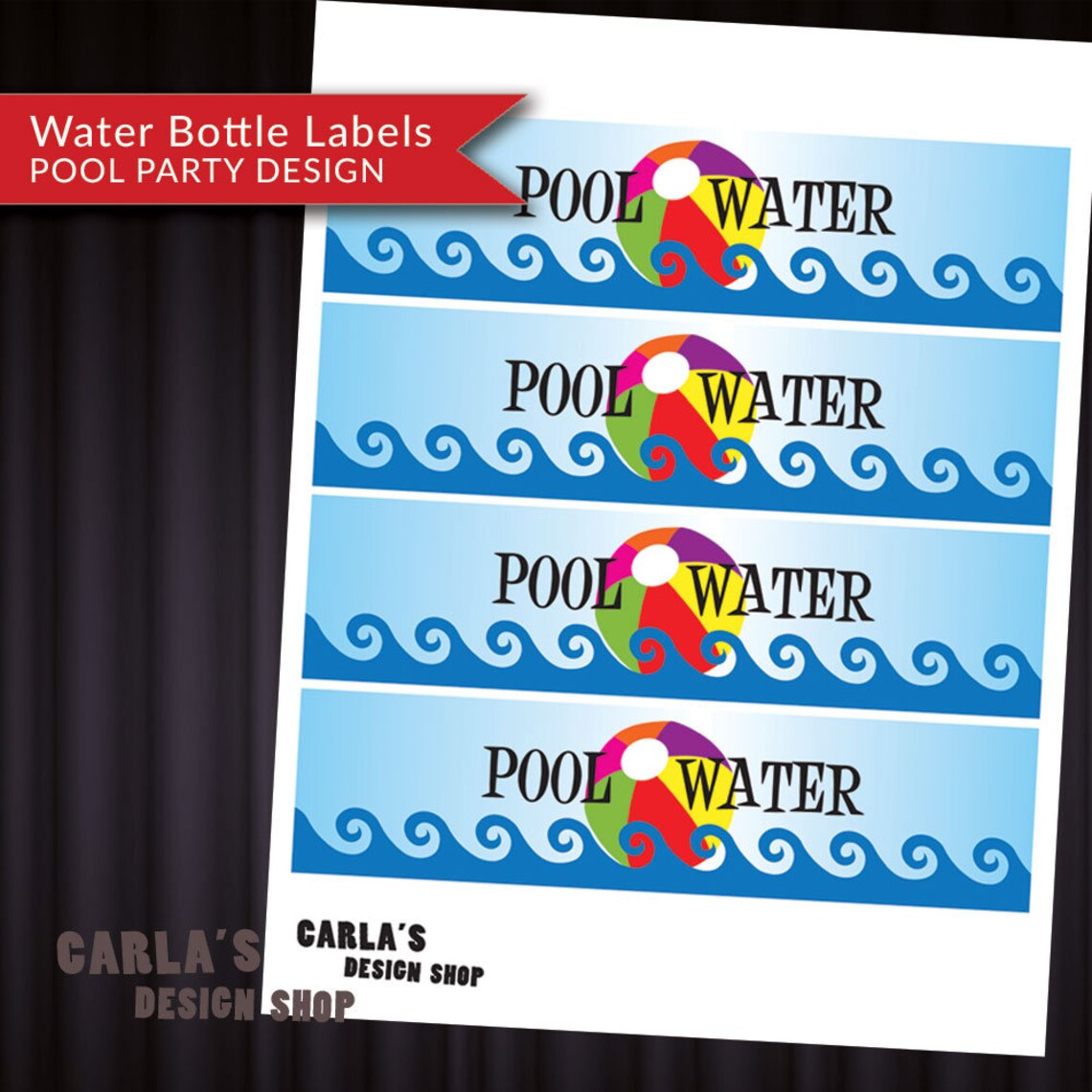 Pool Water Bottle Label | Fun Beach Ball and Waves Design | DIY Label ...