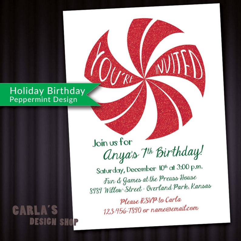 Peppermint Invitation With Glitter Effect Fun Invite for Your Christmas ...
