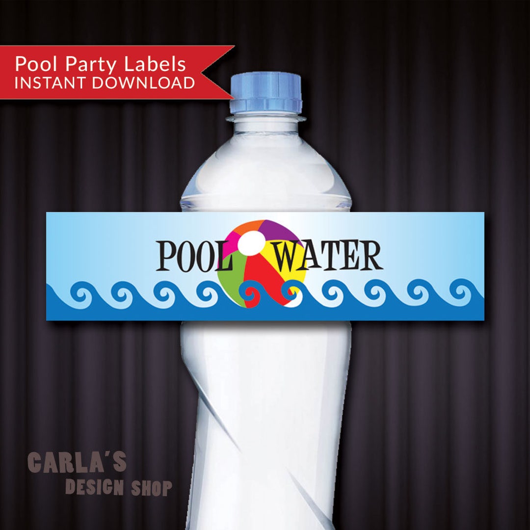 Pool Water Bottle Label | Fun Beach Ball and Waves Design | DIY Label ...