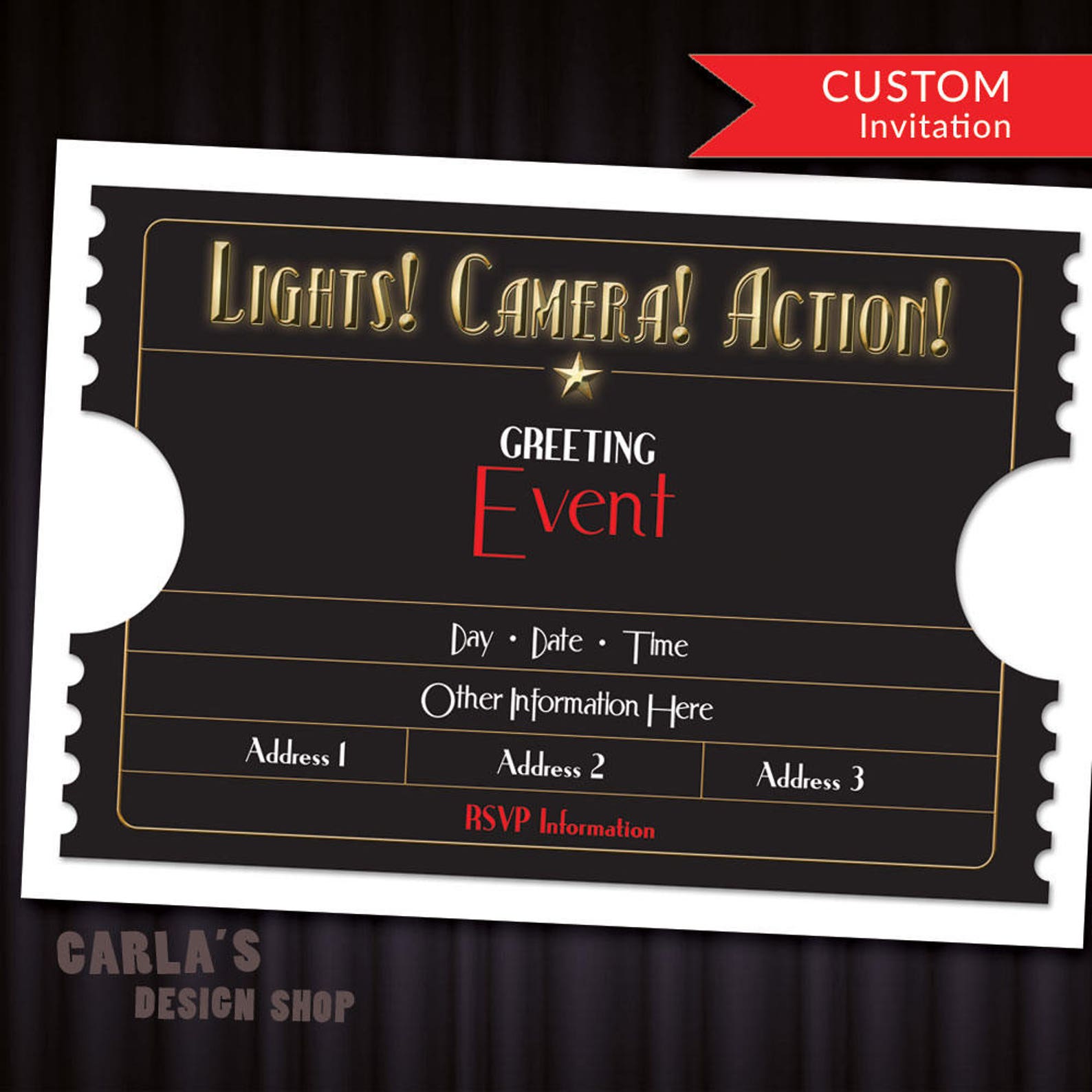 Lights! Camera! Action! Movie Ticket PRINTABLE Invitation With Gold ...