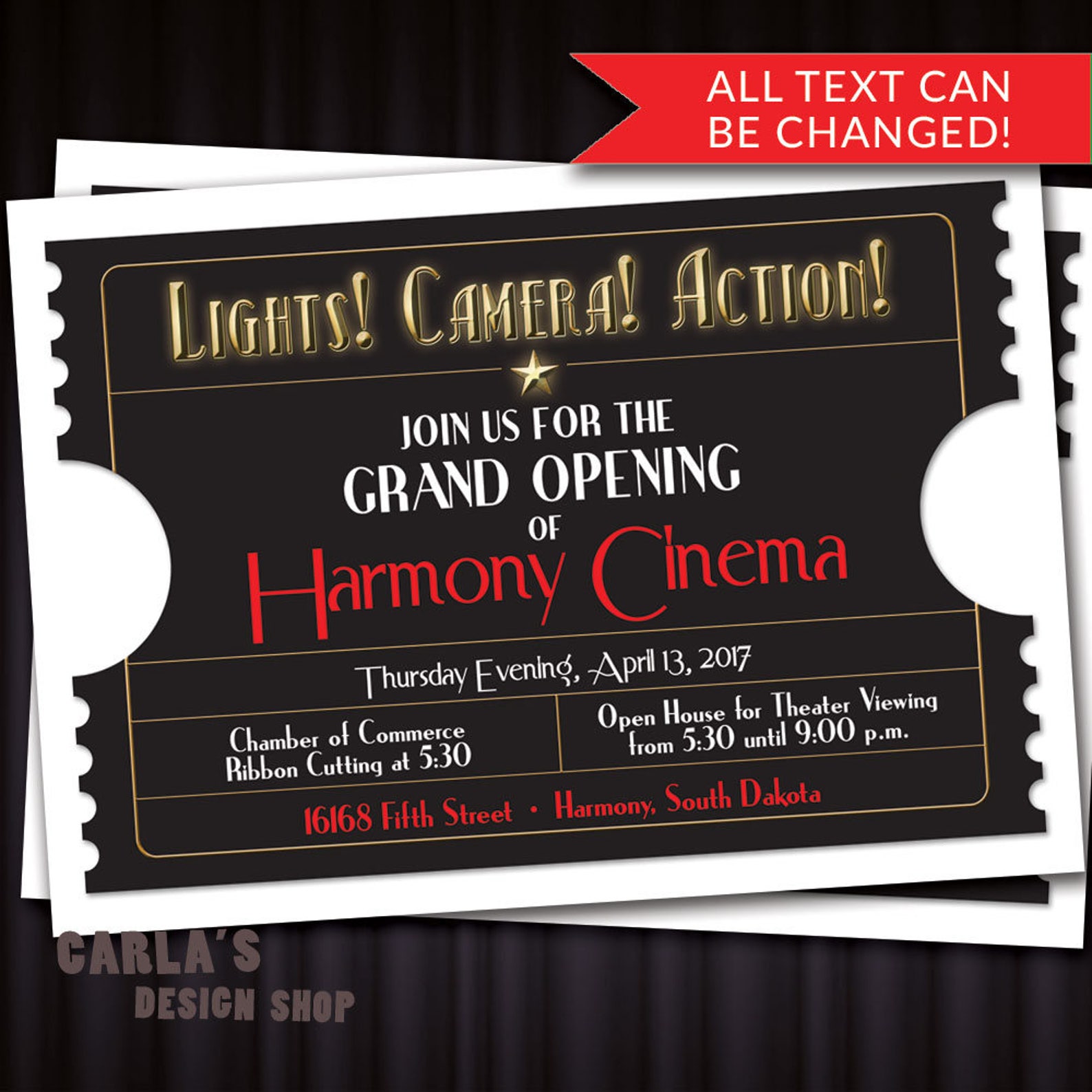 Lights! Camera! Action! Movie Ticket PRINTABLE Invitation With Gold ...