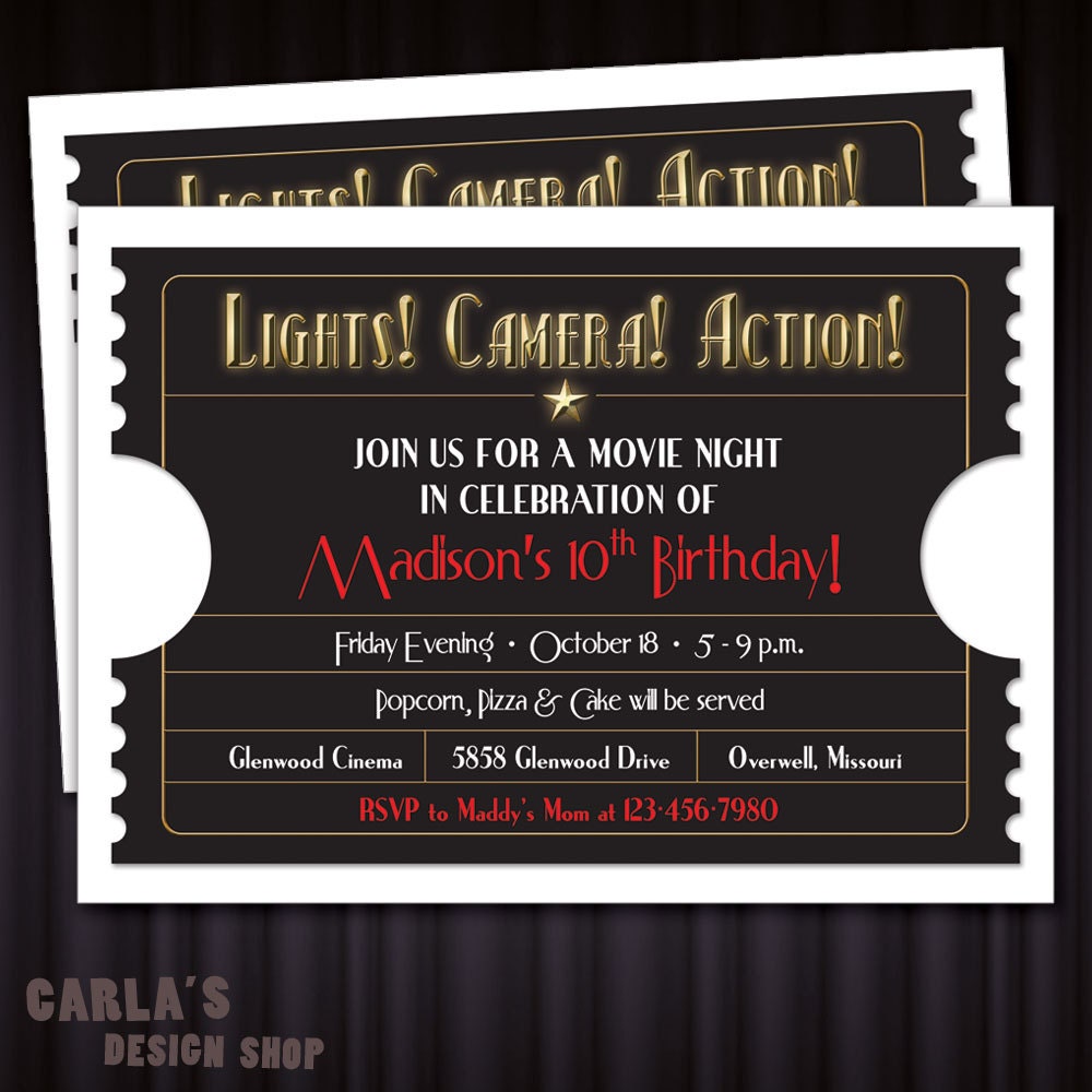 Lights! Camera! Action! Movie Ticket PRINTABLE Invitation With Gold ...