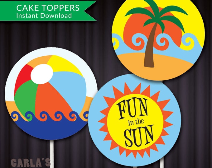 Fun in the Sun, Beach Ball and Palm Tree With Sunset Cupcake Toppers or ...