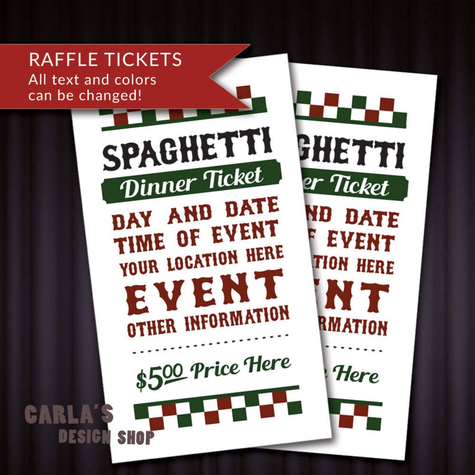 Spaghetti Feed Printable RAFFLE TICKET Fundraiser Business Card Size ...