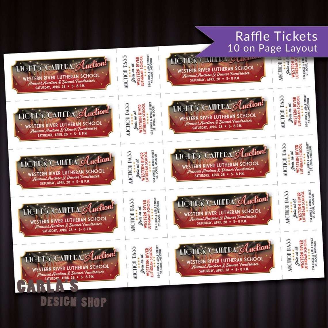 Lights, Camera, Auction! Printable RAFFLE TICKET Fundraiser, Fit 10 on ...