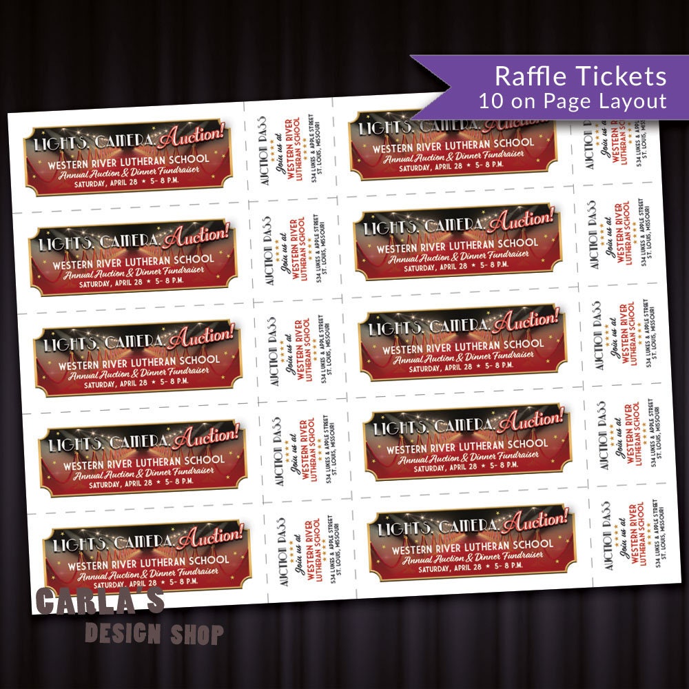 Lights, Camera, Auction! Printable RAFFLE TICKET Fundraiser, Fit 10 on ...