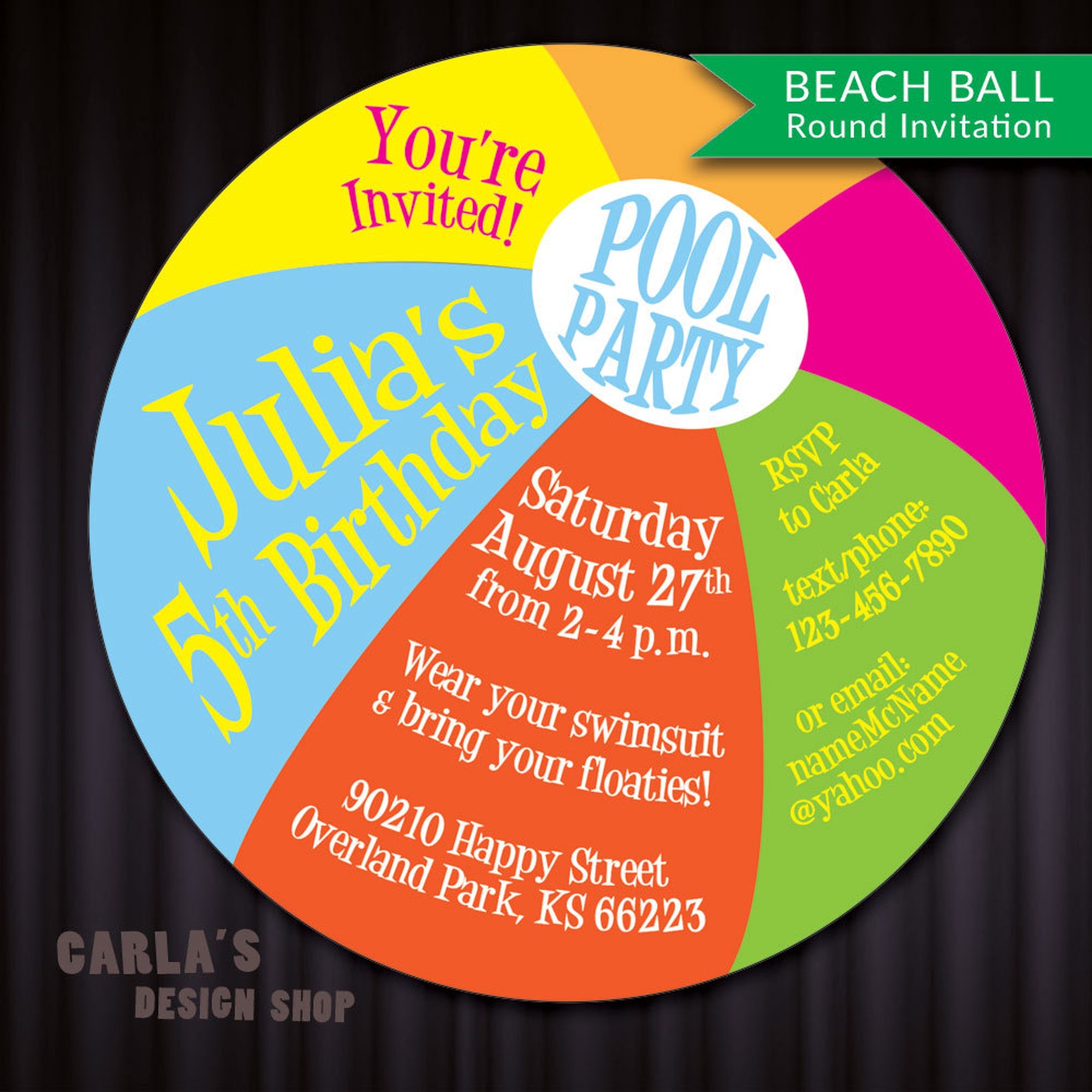 ROUND Beach Ball PRINTABLE Birthday or Pool Party Invitation! Fun ...
