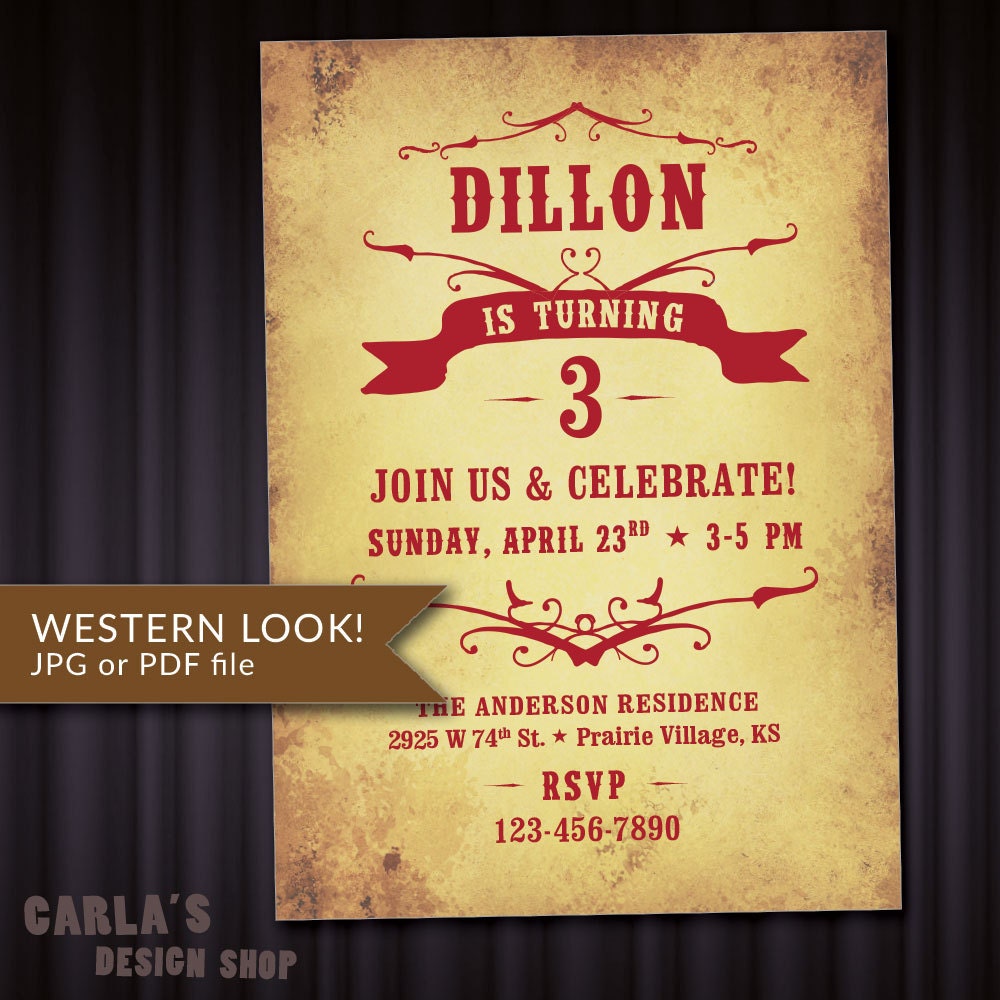 Western & Cowboy or Cowgirl Theme PRINTABLE Birthday Invitation With ...