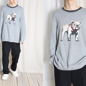 Y2K Grey Graphic Bulldog Dog Print Cotton Knit Sweater Cute Puppy ...