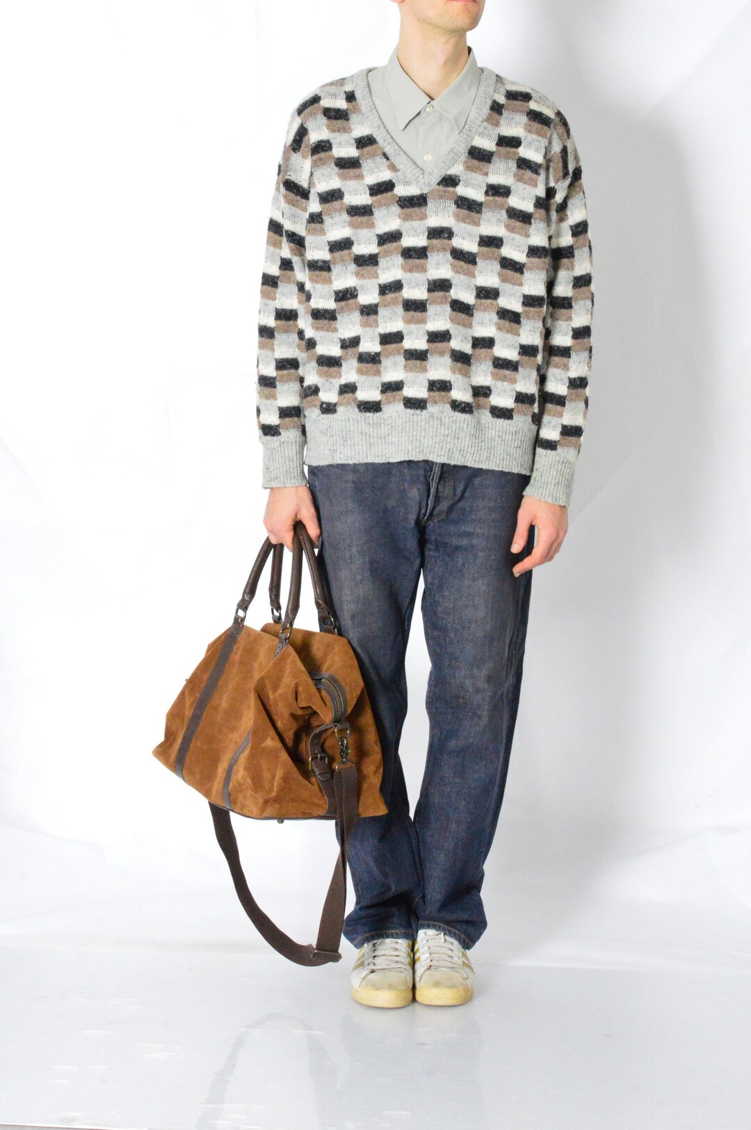 Vintage 80s RODIER Grey Beige Check V-neck Wool Blend Sweater Size L - Etsy