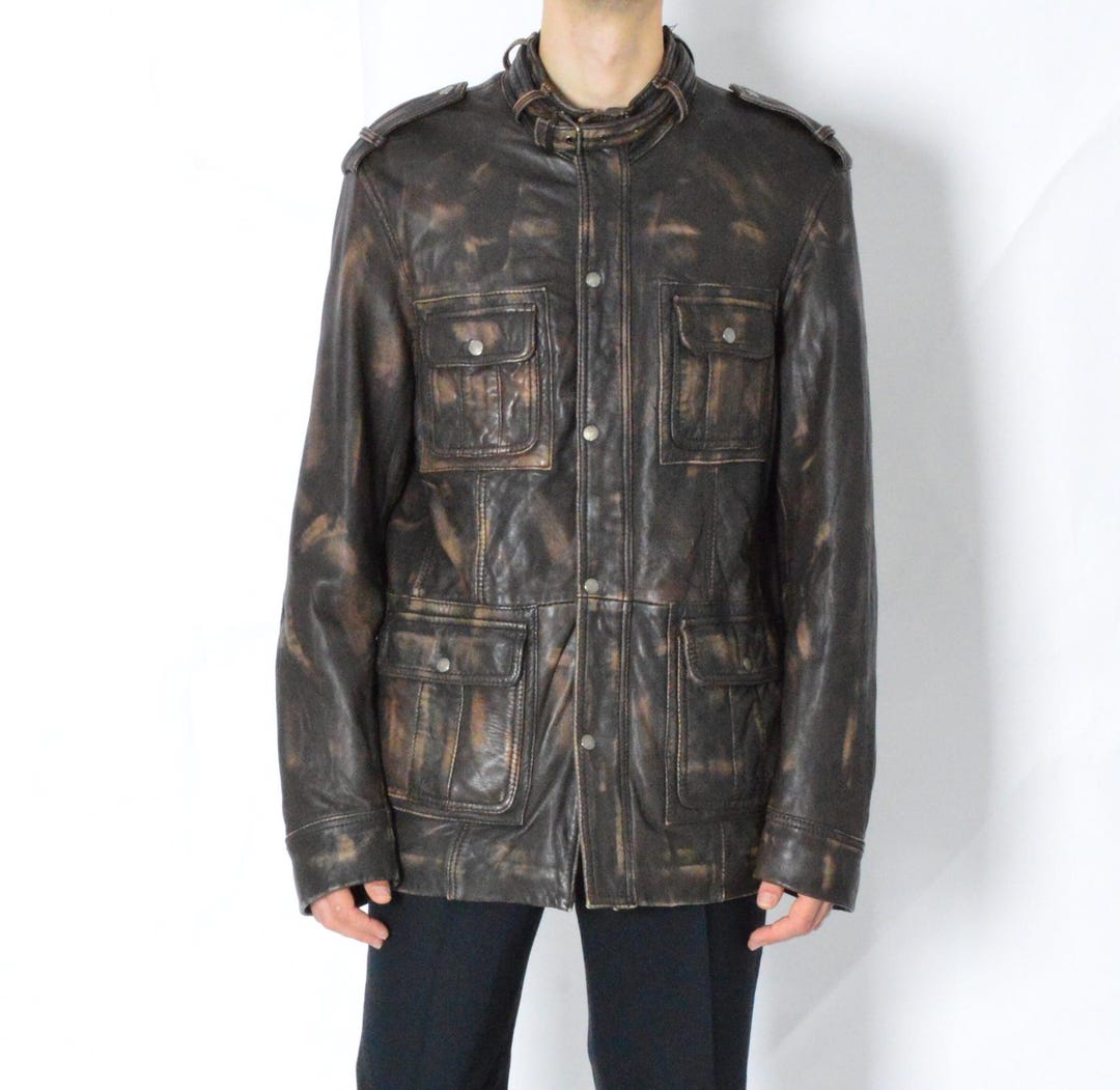 Y2K Brown Faded Tie Dye Effect Leather Biker Rocker Jacket Gothic ...