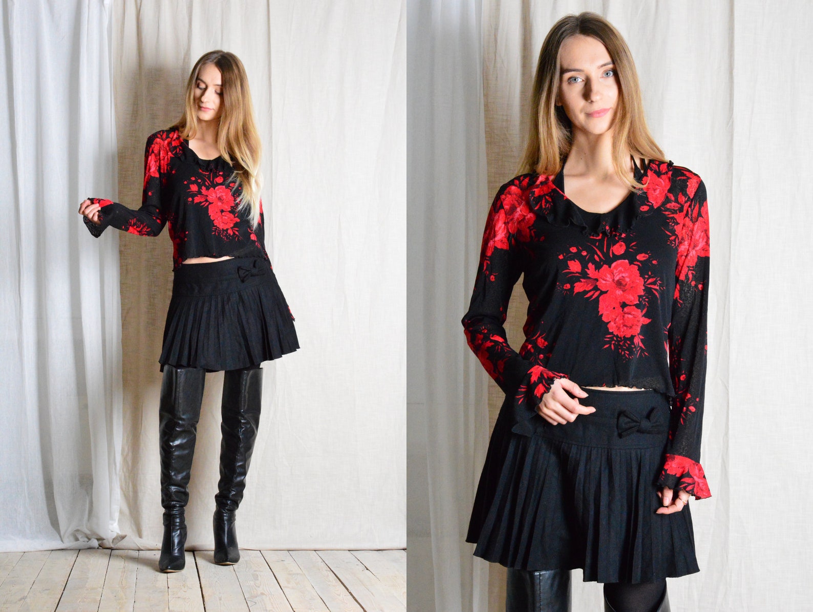 Y2K Black Red Roses Sheer Bell Sleeve Romantic Gothic Top Size - Etsy