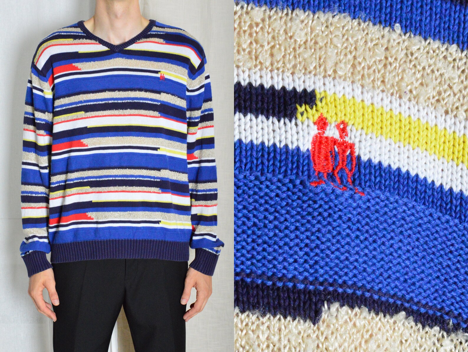 Y2K Colourful Blue Abstract Striped V-neck Sweater Mens Hipster Jumper ...