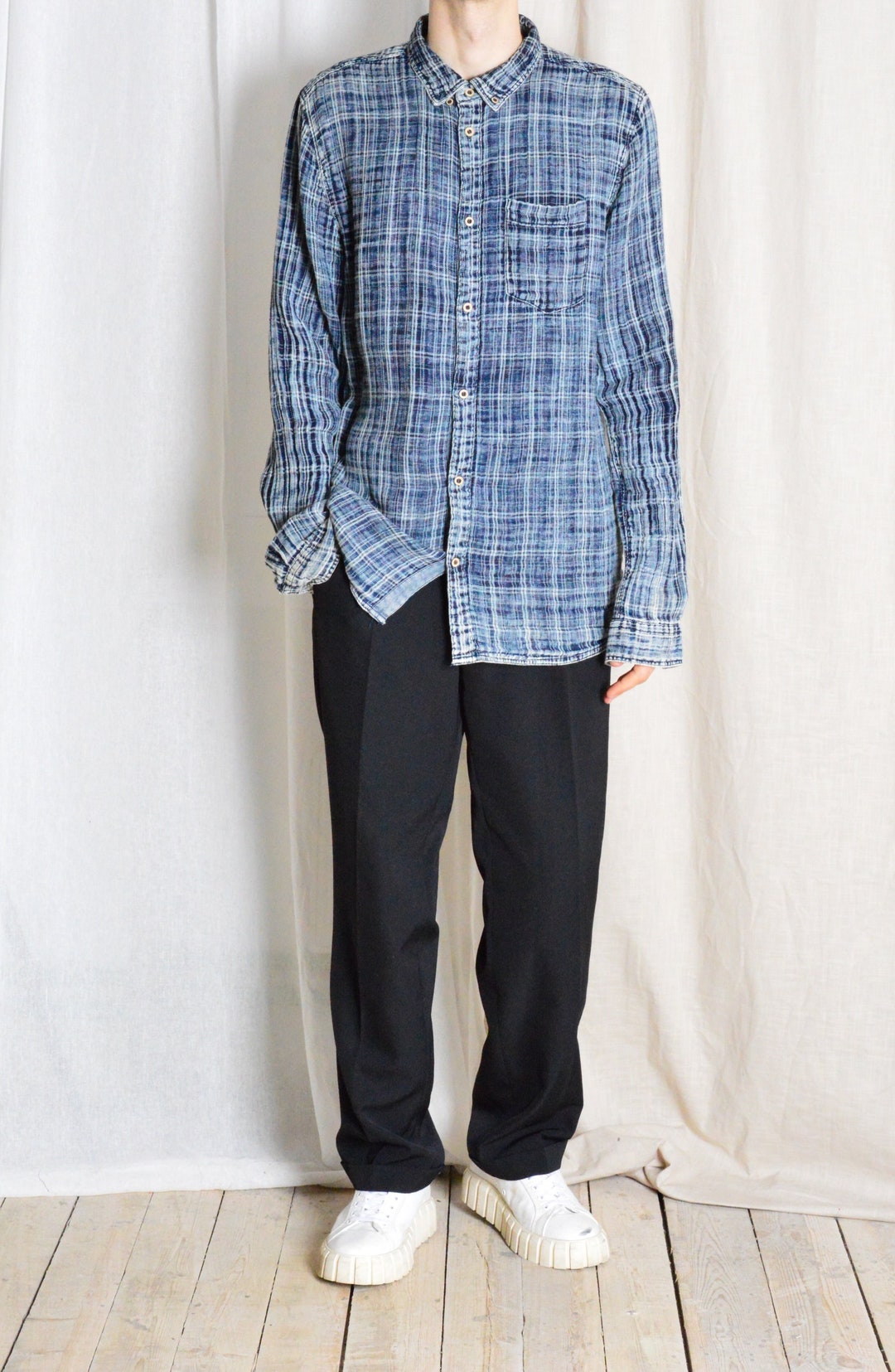Y2K Blue Check Grunge Long Sleeve Mens Shirt Size Large - Etsy
