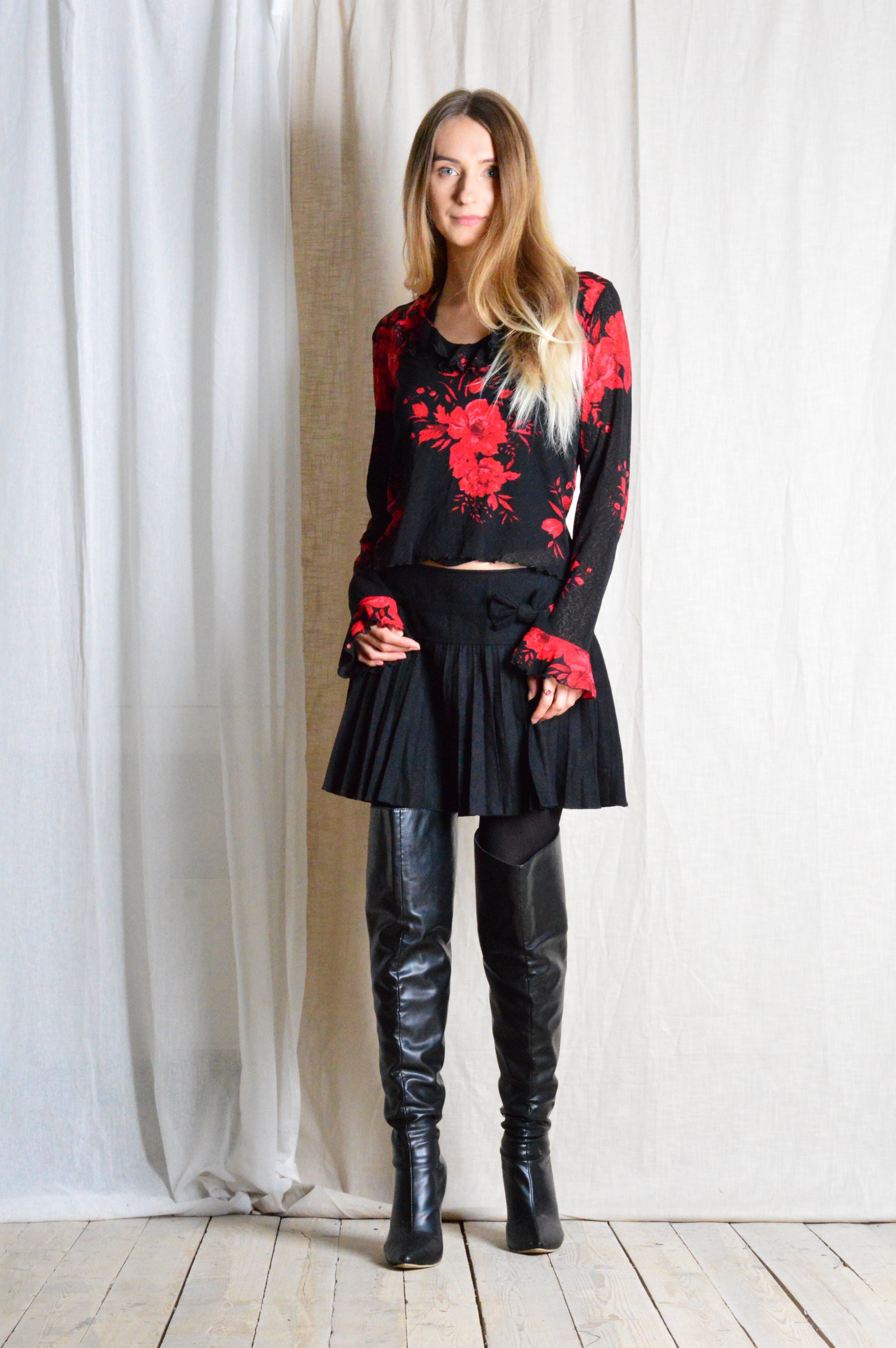 Y2K Black Red Roses Sheer Bell Sleeve Romantic Gothic Top Size - Etsy