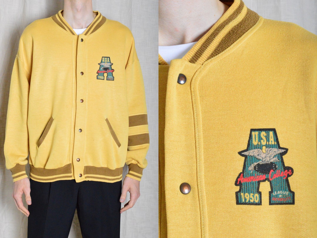Vintage 70s Mustard Yellow USA College University Sports Cardigan Mens ...