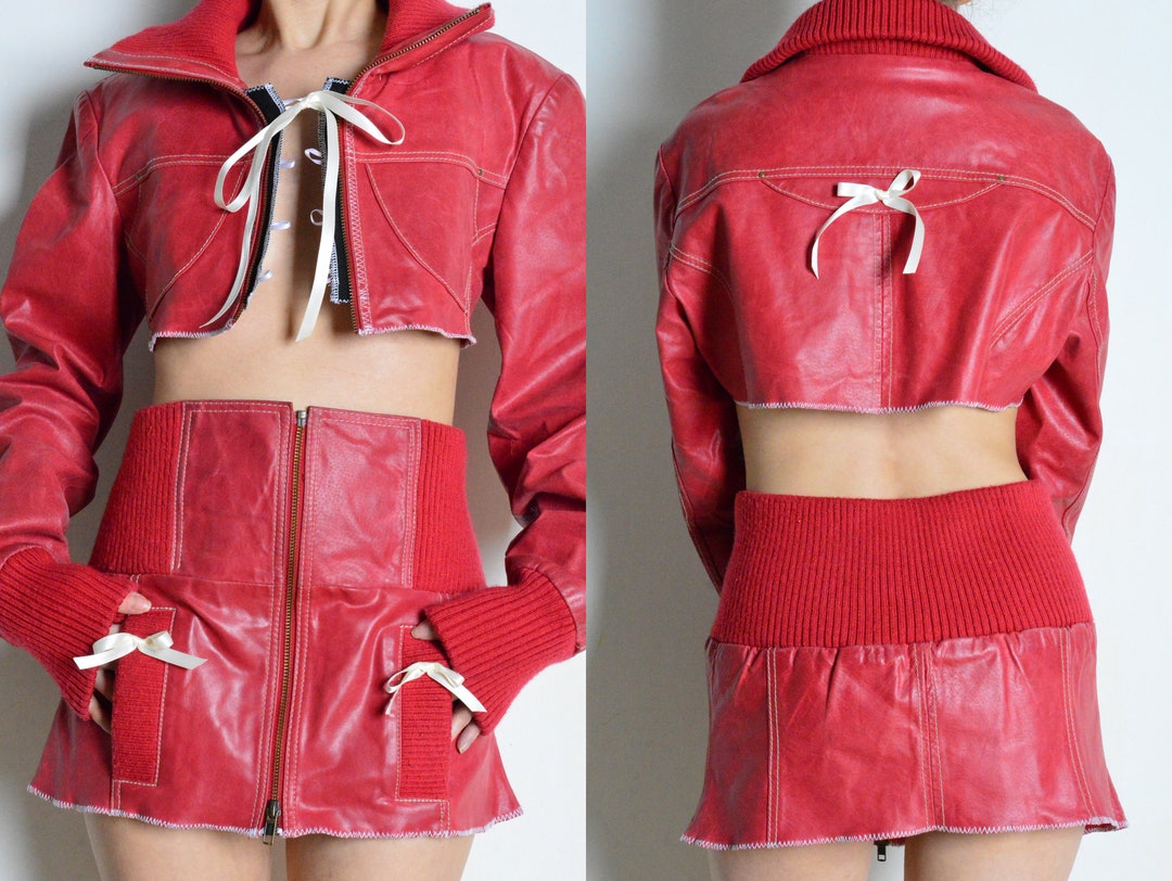 Reworked Y2K Chili Red Leather Two Piece Set X02 Size Small - Etsy