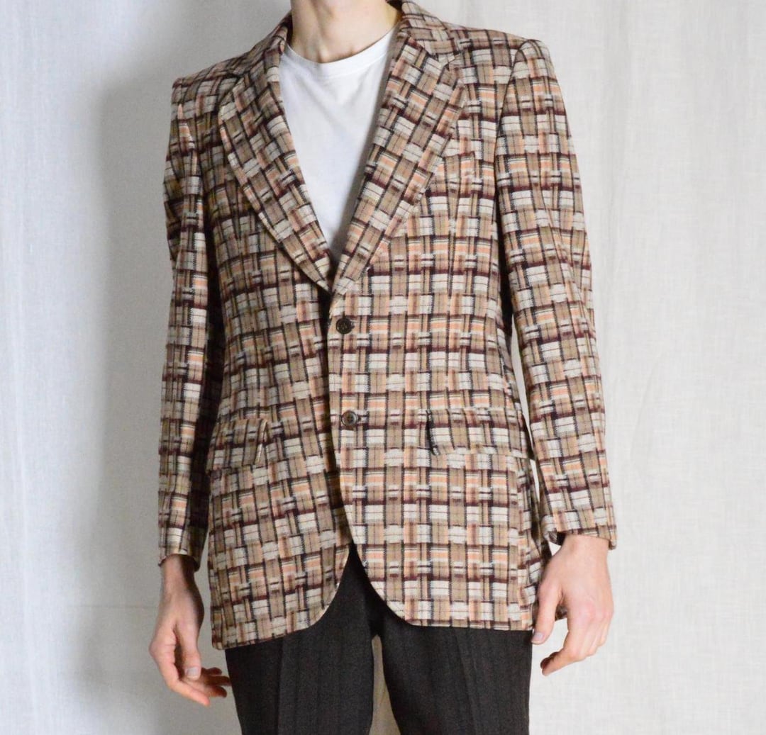 Vintage 70s Brown Beige Cream Check Blazer Mens Preppy Formal Jacket ...