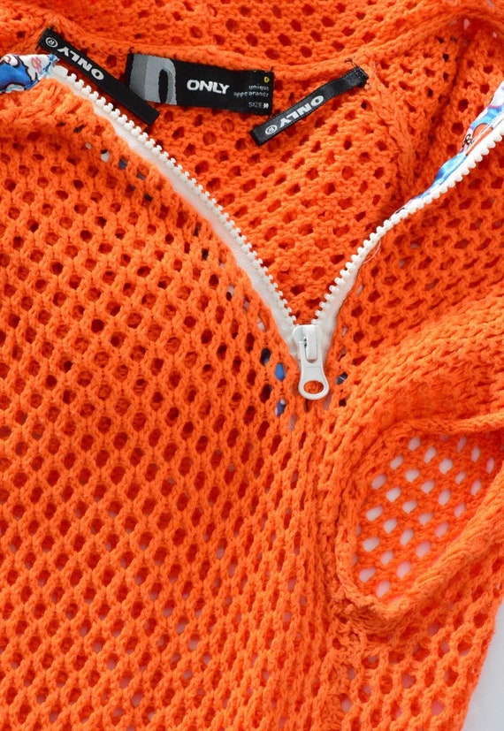 Y2K Orange Fish Net Crochet Hooded Flower Zipper Top … - Gem