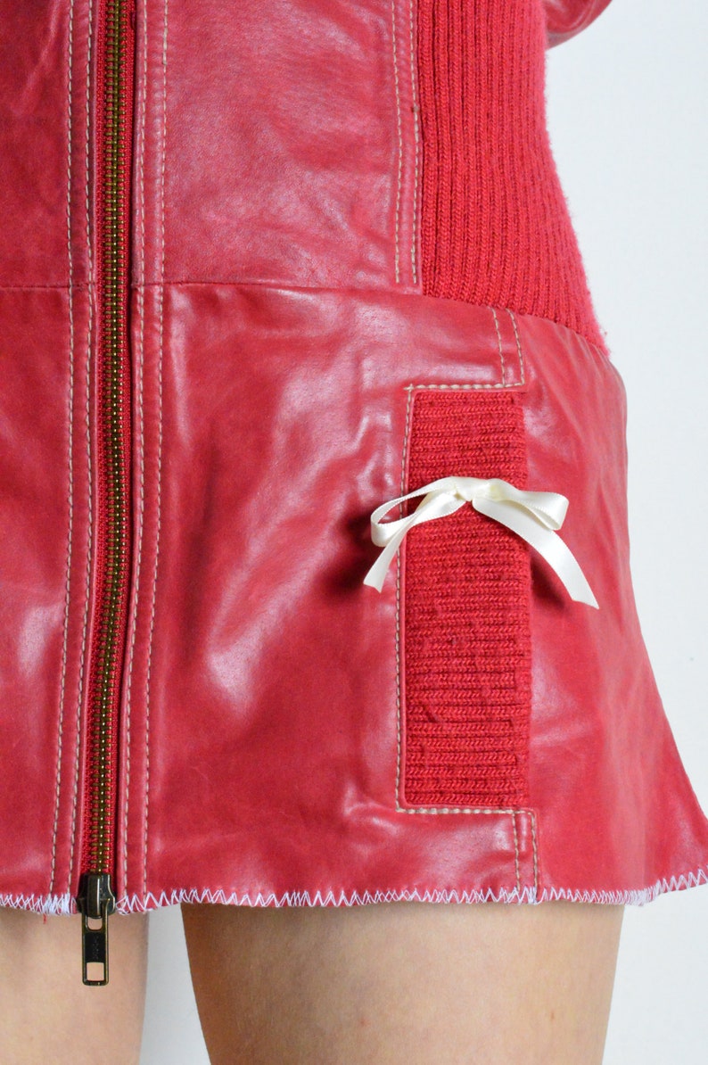 Reworked Y2K Chili Red Leather Two Piece Set Crop Jacket and Skirt Size ...