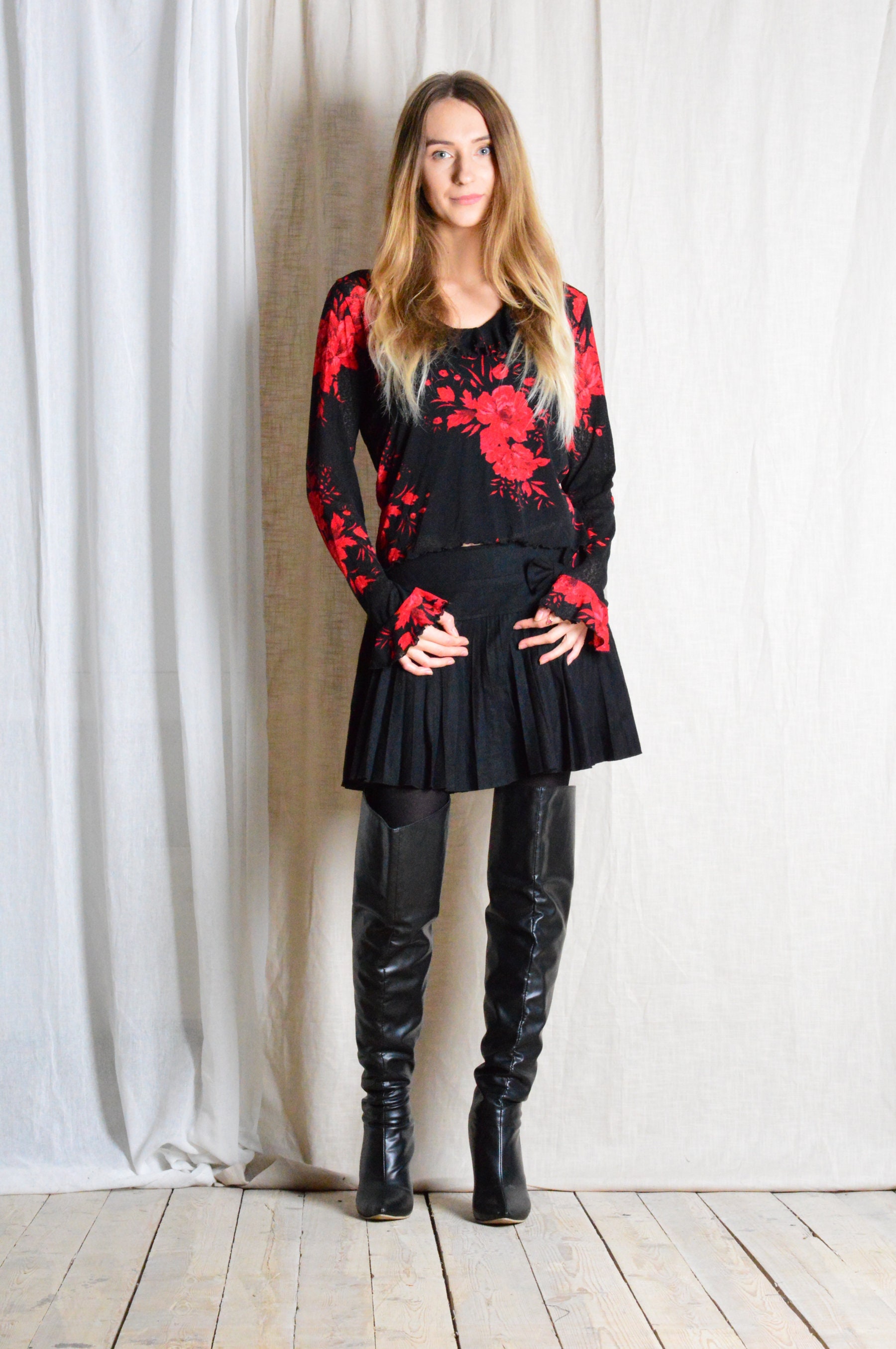 Y2K Black Red Roses Sheer Bell Sleeve Romantic Gothic Top Size - Etsy