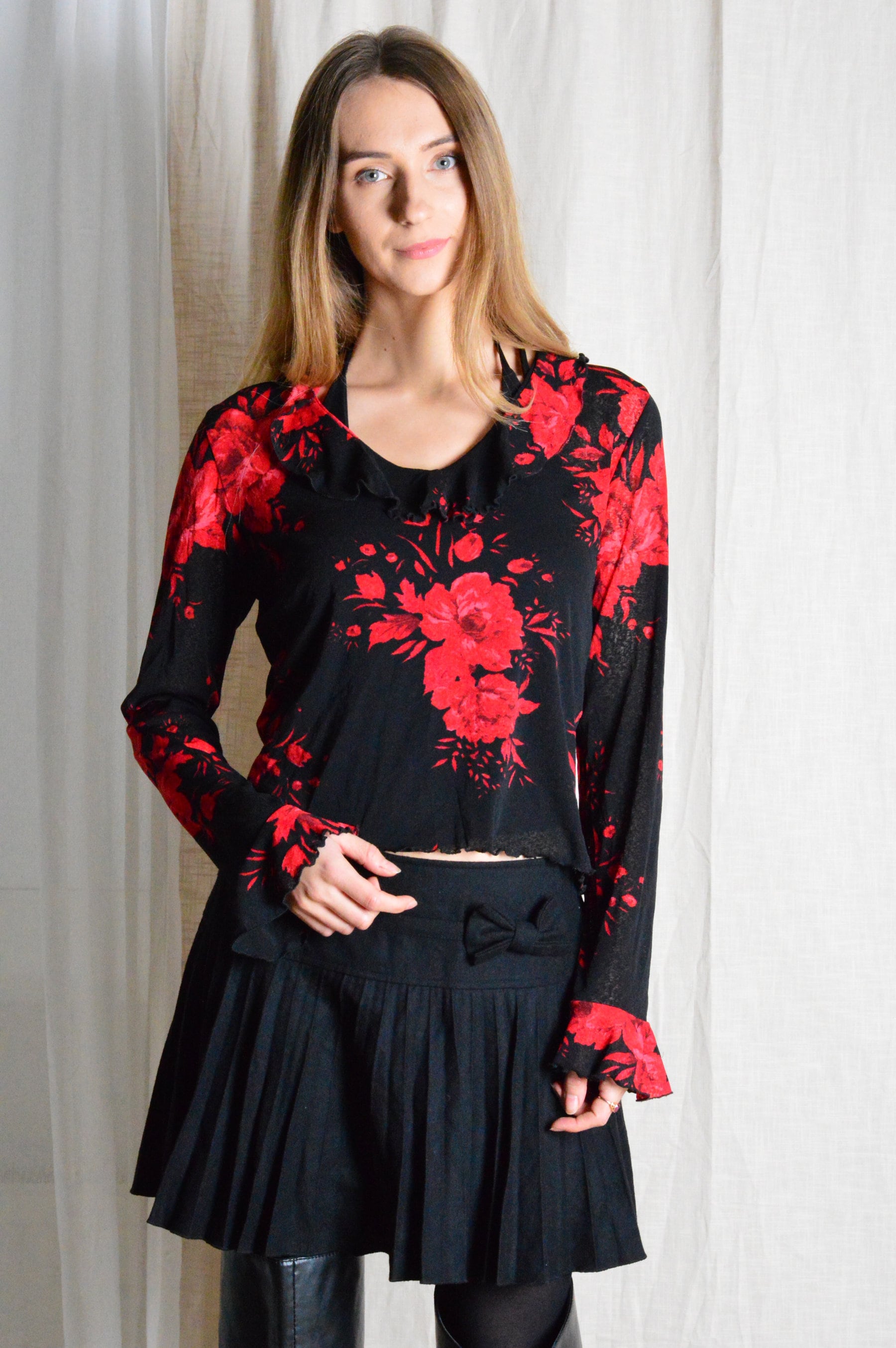 Y2K Black Red Roses Sheer Bell Sleeve Romantic Gothic Top Size - Etsy