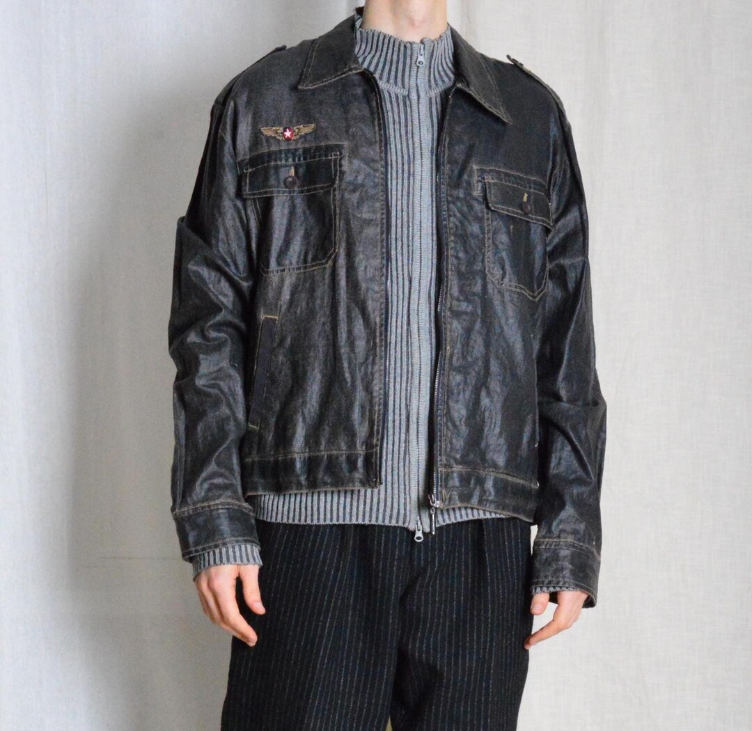 Y2K Dark Gray Linen Grunge Aviator Style Lightweight Mens Jacket Size ...