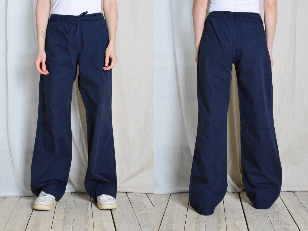 Y2K Navy Blue Minimalist Scandi Wide Leg Cotton Womens Pants Waist Size ...