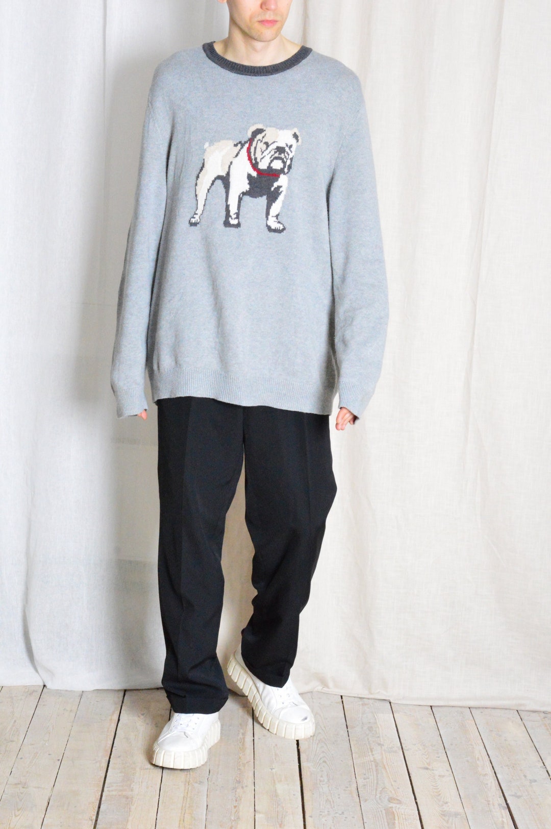 Y2K Grey Graphic Bulldog Dog Print Cotton Knit Sweater Cute Puppy ...