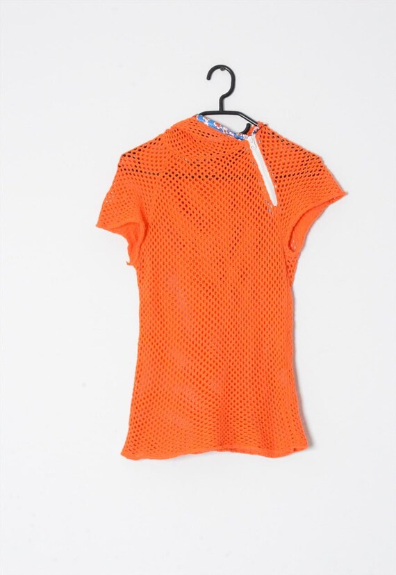 Y2K Orange Fish Net Crochet Hooded Flower Zipper Top … - Gem