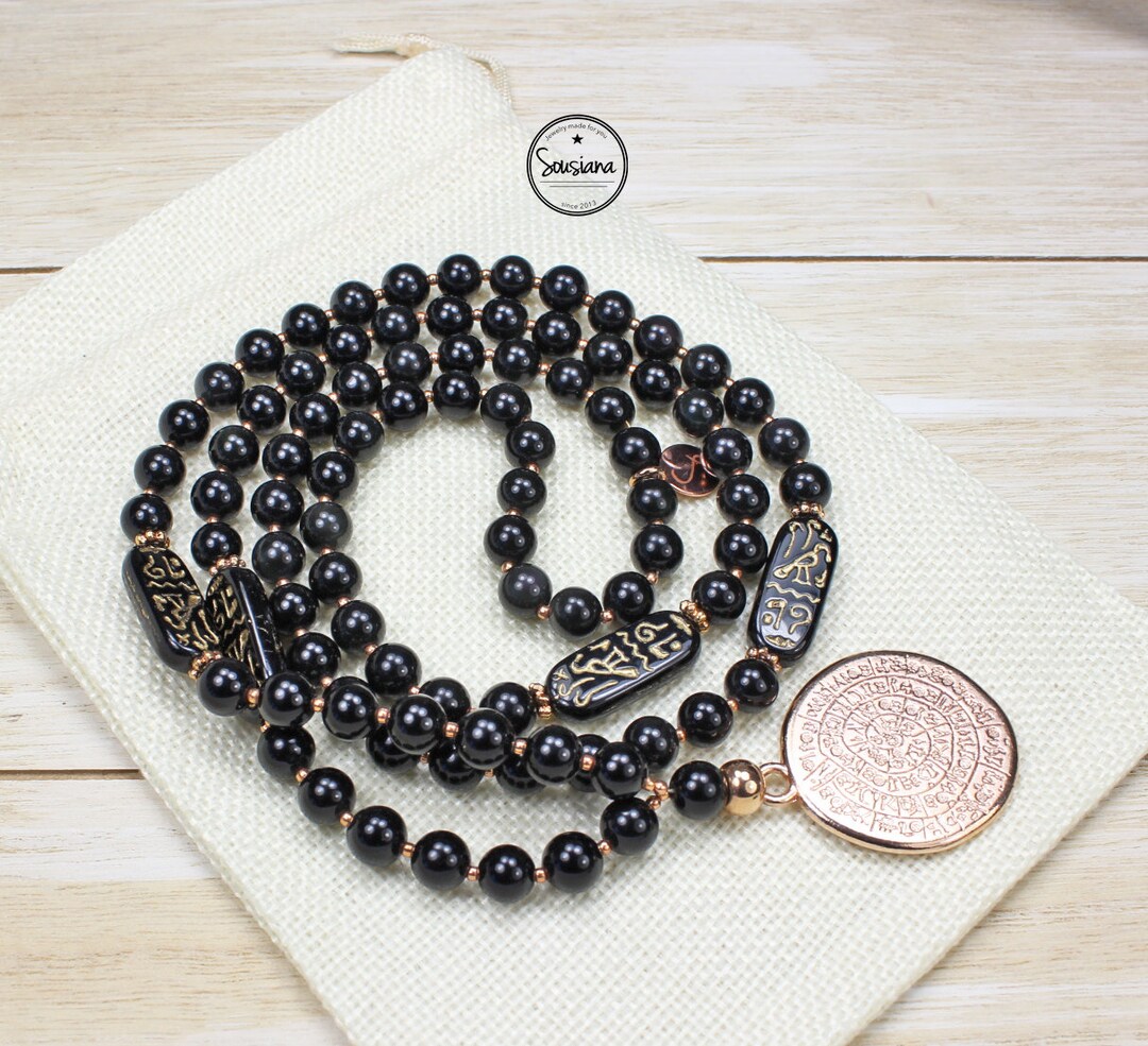 Long Gemstone Necklace Black Obsidian Coin Necklace Rose Gold Begging ...