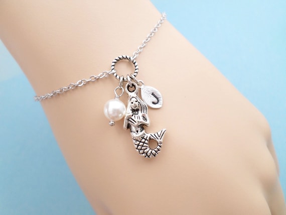 Personalized Letter Initial Mermaid Pearl Silver | Etsy