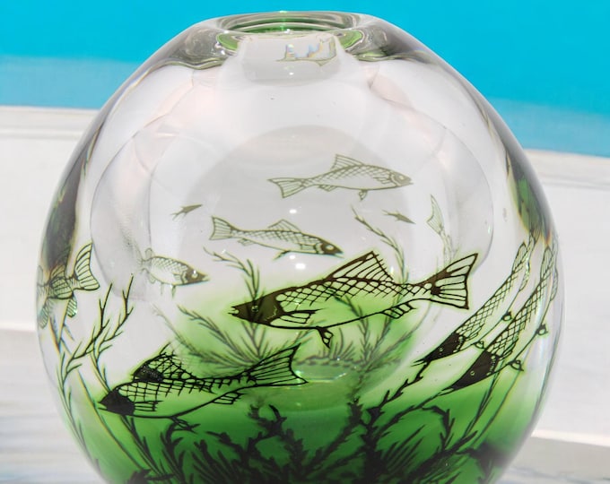 Vintage Orrefors Art Glass "fisk Graal" Green Fish Vase by Edward Hald ...