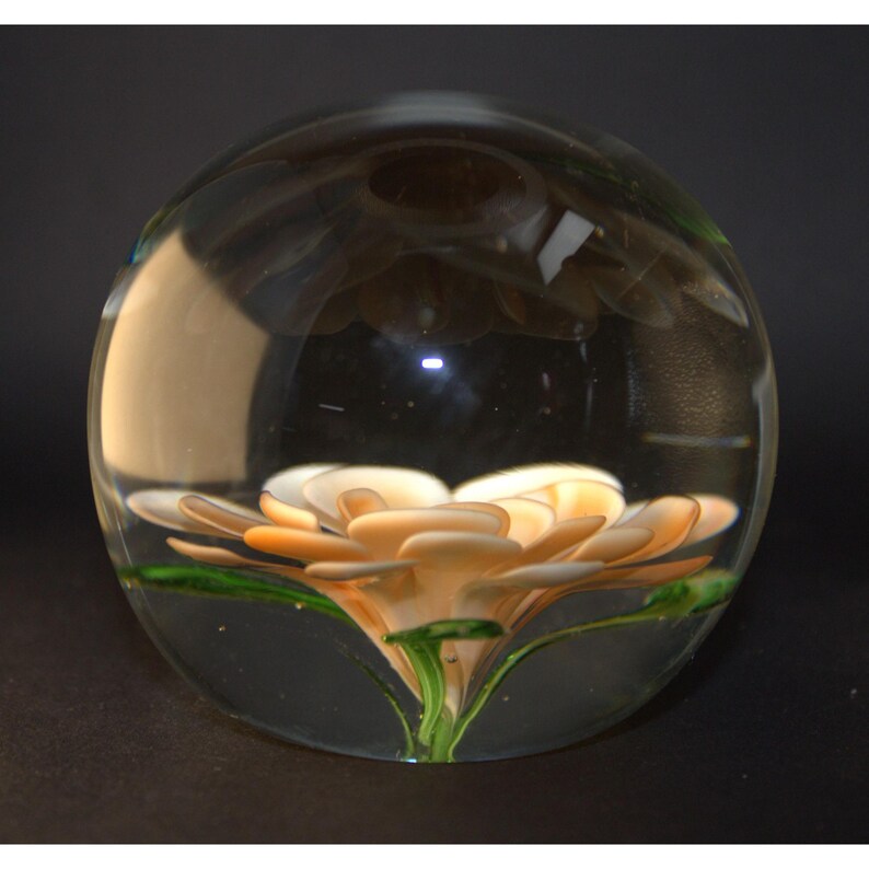 Handcrafted Glass Paperweight With Encased Orange & Cream Flower Design ...
