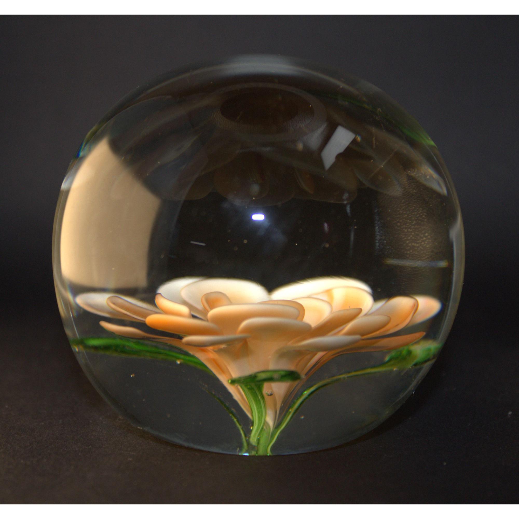 Handcrafted Glass Paperweight With Encased Orange & Cream Flower Design ...
