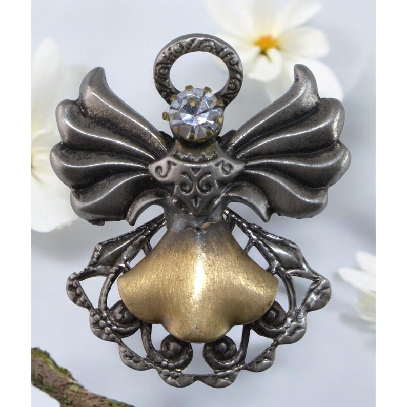 Vintage Angel Brooch With Rhinestone Halo & Two-tone Metal Filigree Pin ...