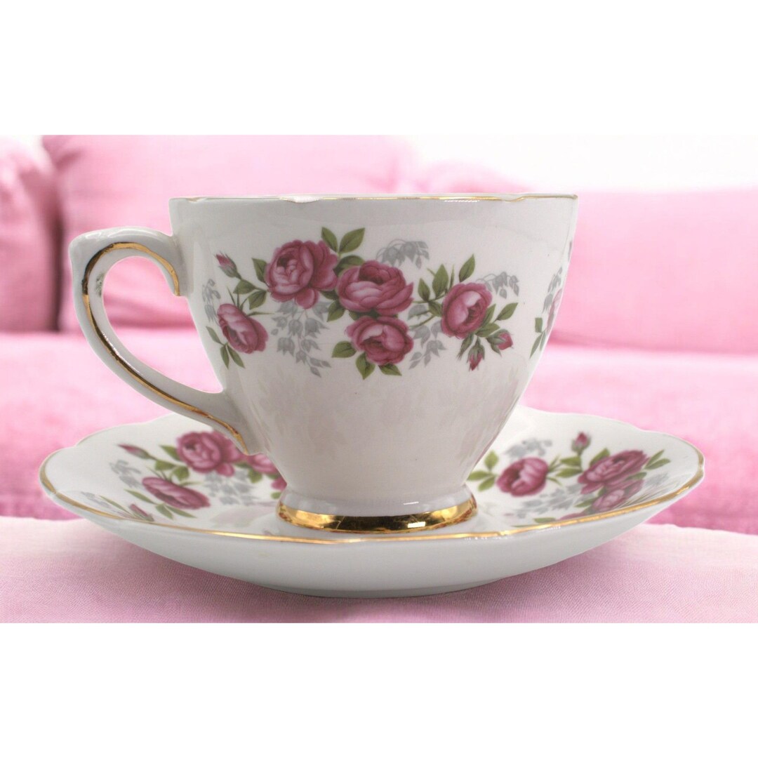 Vintage Royal Sutherland Tea Cup & Saucer Set Pink Roses Floral Bone ...