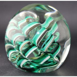 Vintage Karg Art Glass Paperweight With Green & White Ribbon Swirl ...