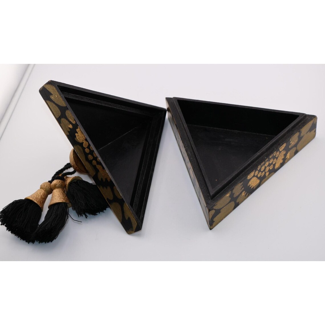 Vintage Black Gold Triangle Tassel Trinket Box – Hand Painted Pyramid ...