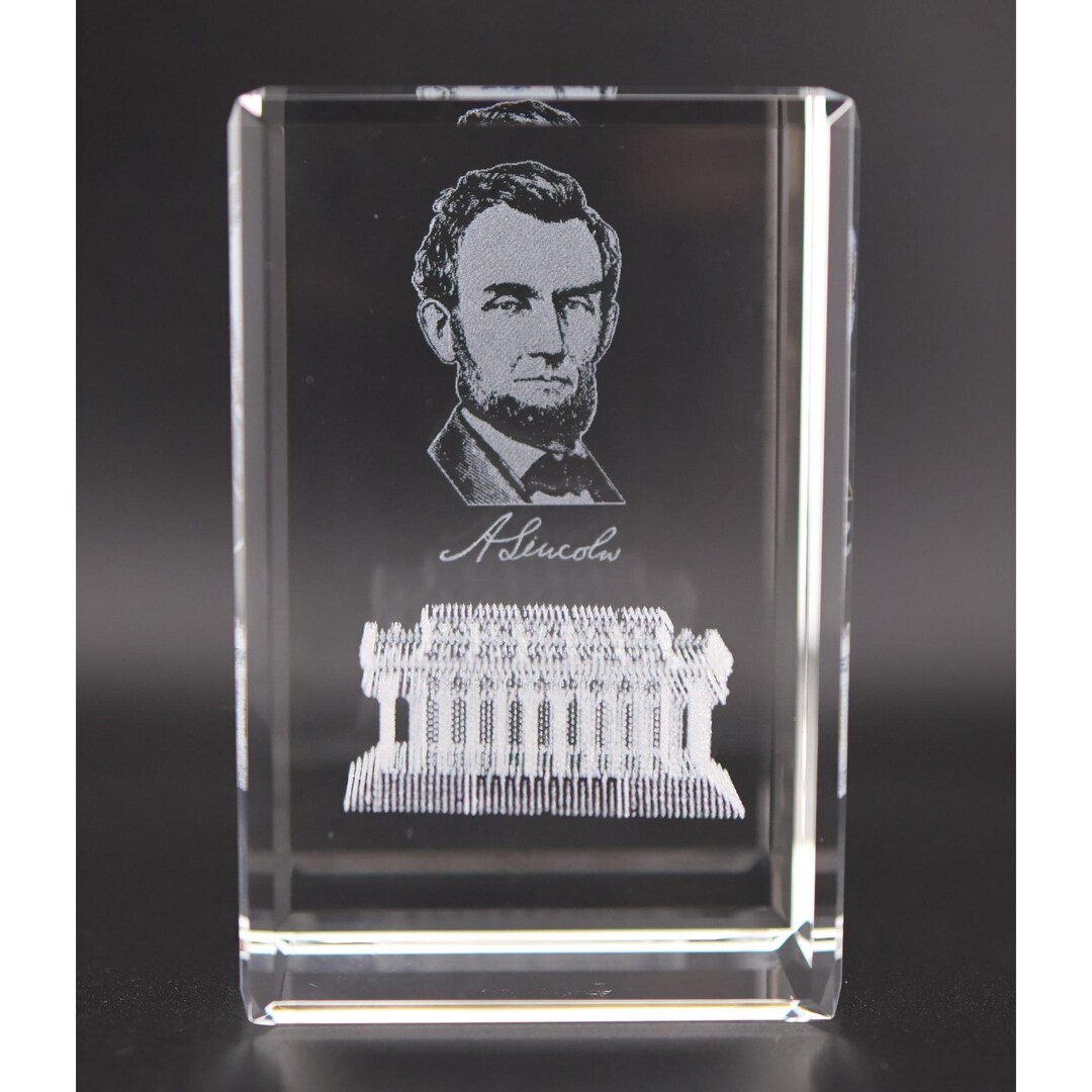 3D Laser Etched Crystal Block Featuring Abraham Lincoln & Lincoln ...