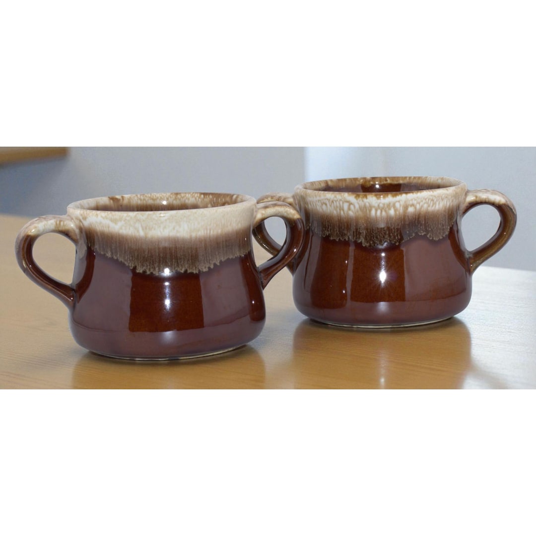 Mccoy Brown Drip Soup Mugs Pair Double Handle Stoneware USA - Etsy