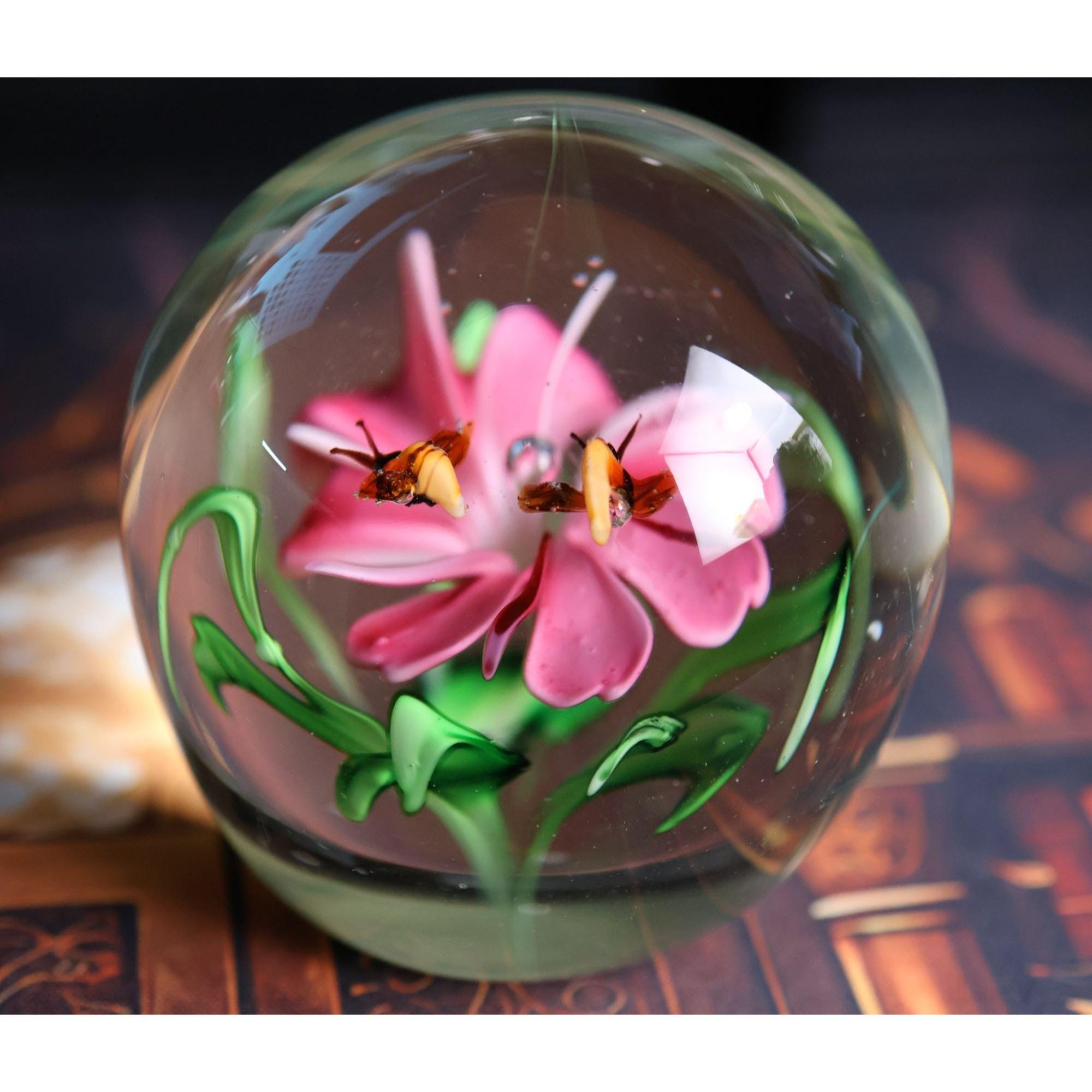 Art Glass Paperweight Pink Lily & Bees Lampwork Encased Floral ...