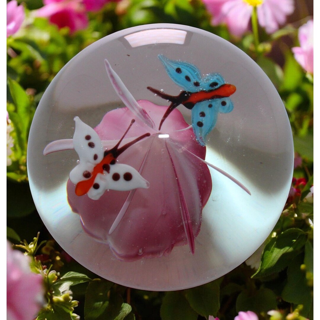 Vintage Art Glass Paperweight With Butterflies and Flower | Handmade ...