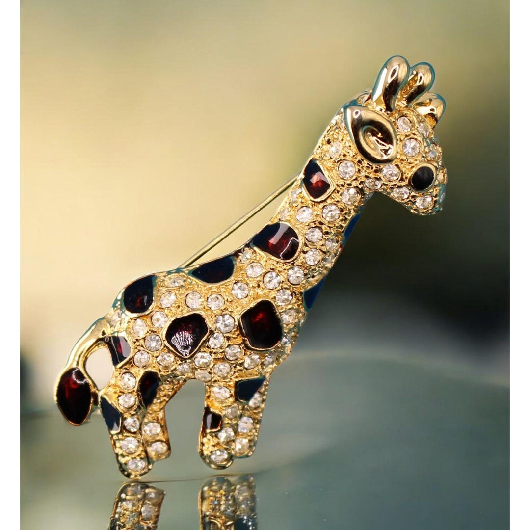 Vintage Gold-tone Giraffe Brooch With Rhinestones and Enamel Spots ...