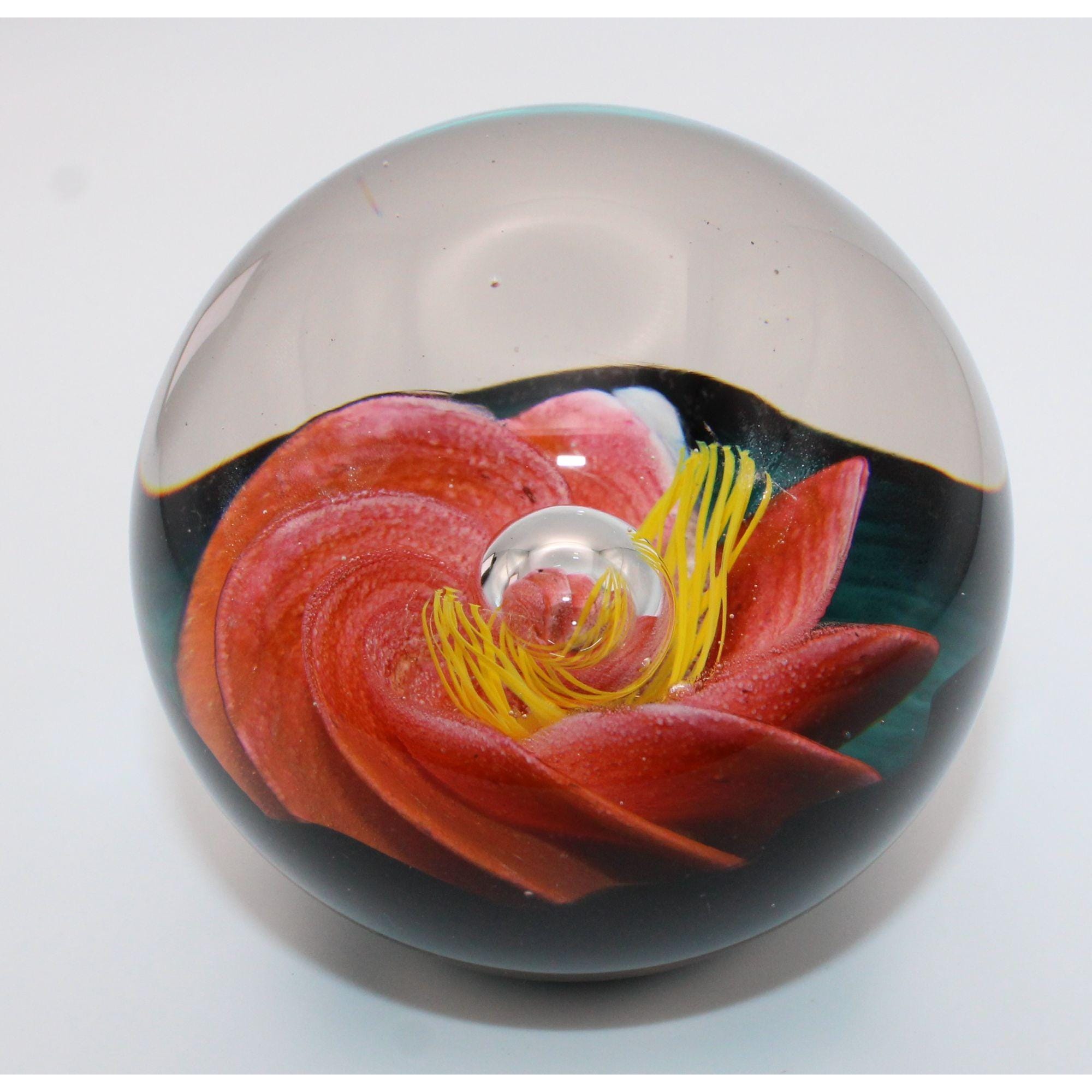 Lundberg Studios Art Glass Paperweight Red Flower Design Signed Vintage ...