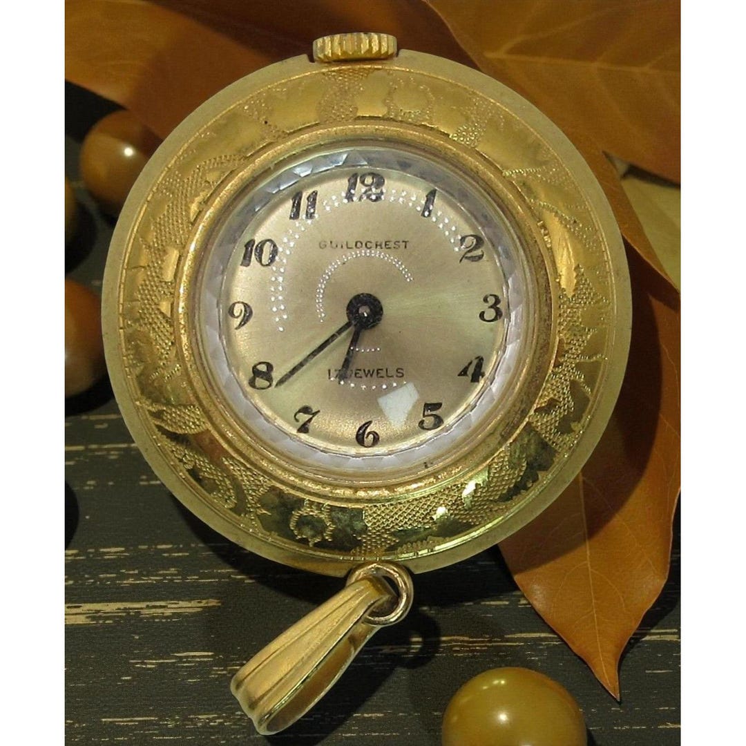 Vintage Guildcrest 17 Jewels Gold Tone Pendant Watch Floral Etched Case ...