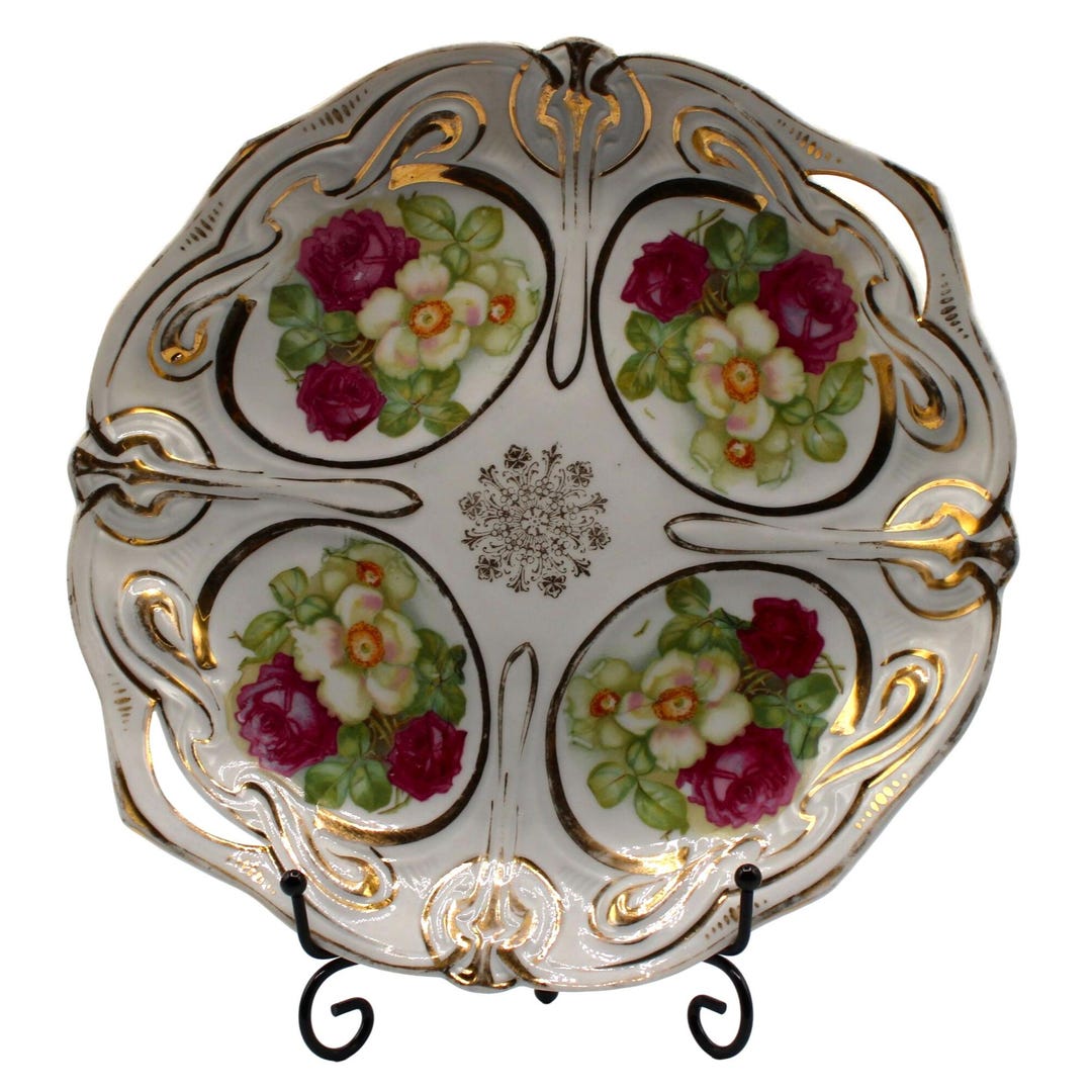 Antique IPF Germany Ceramic Handled Plate Hand-painted Roses and Gold ...