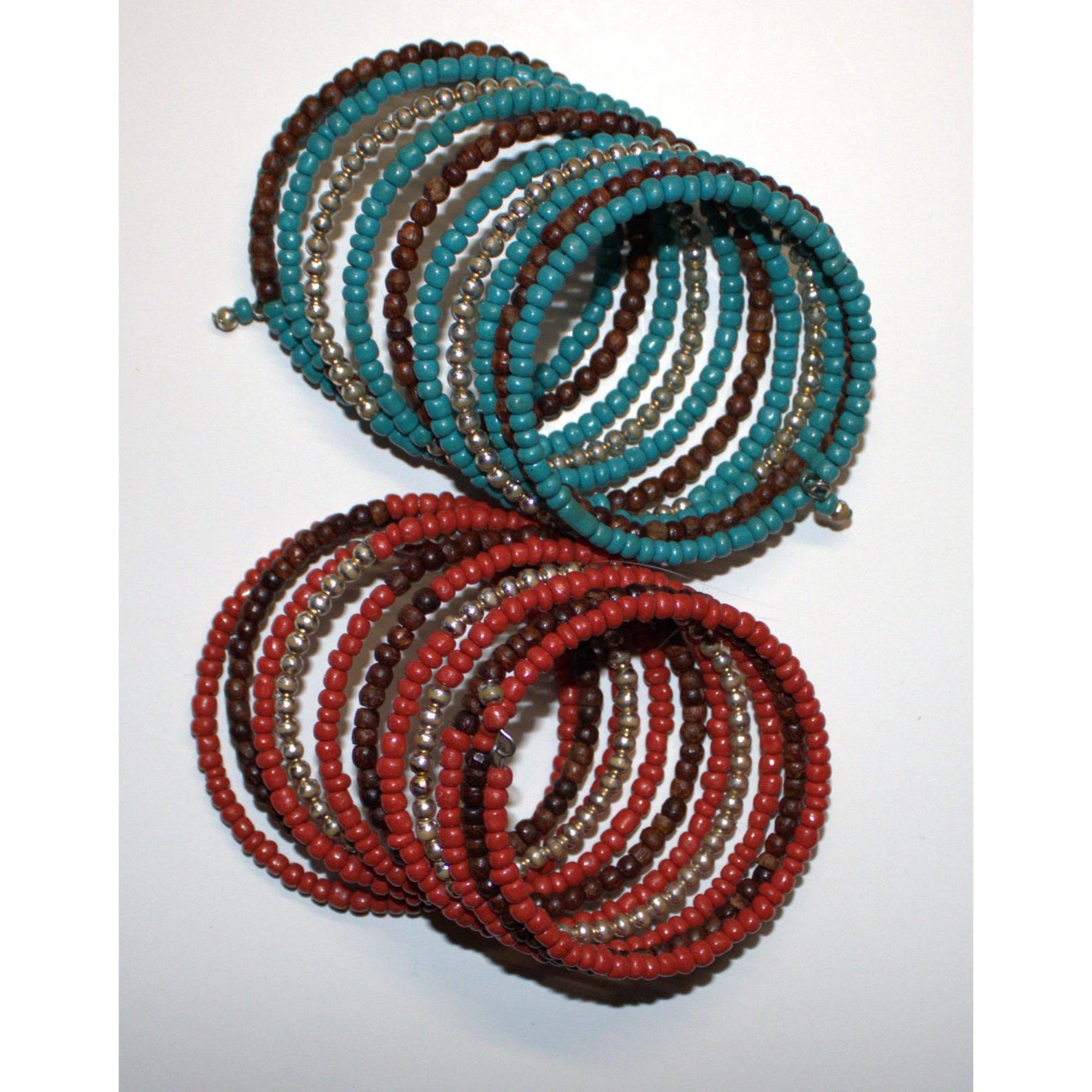 Vintage Boho Beaded Coil Bracelets Set of Two, Turquoise and Red ...