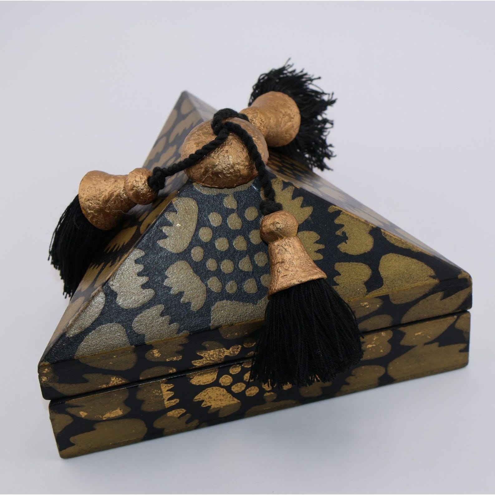Vintage Black Gold Triangle Tassel Trinket Box – Hand Painted Pyramid ...