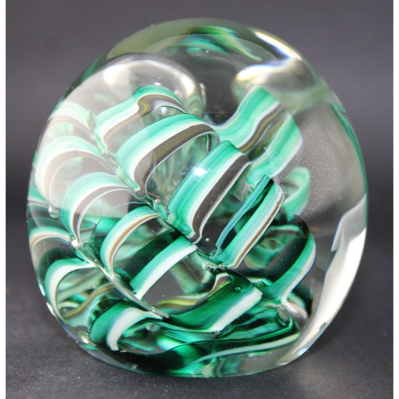 Vintage Karg Art Glass Paperweight With Green & White Ribbon Swirl ...
